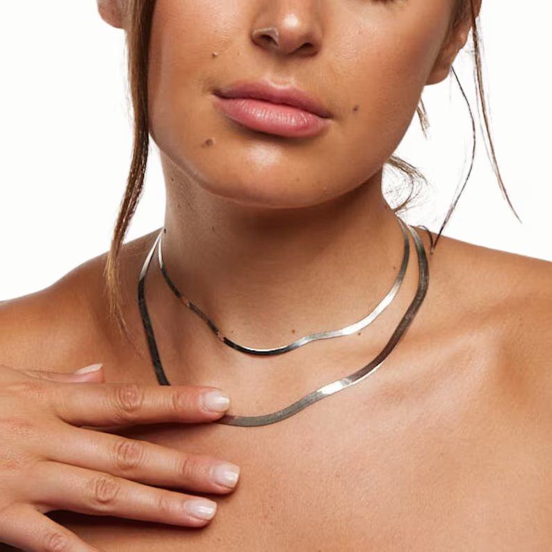 14K Solid White Gold Herringbone Chain Necklace – 3mm & 4.6mm (16"–18 ...